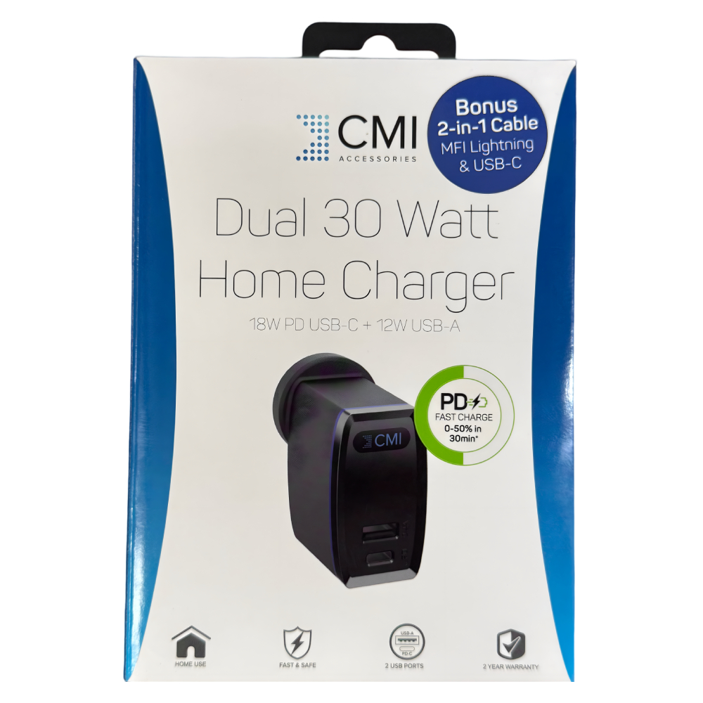 CMI Dual 30 Watt Power Adapter Home Charger With USB - A and USB - C ...