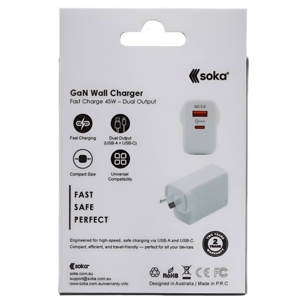 Buy Soka 45W Gan3 Fast Wall Charger Adapter [USB C + USB A] - White ...